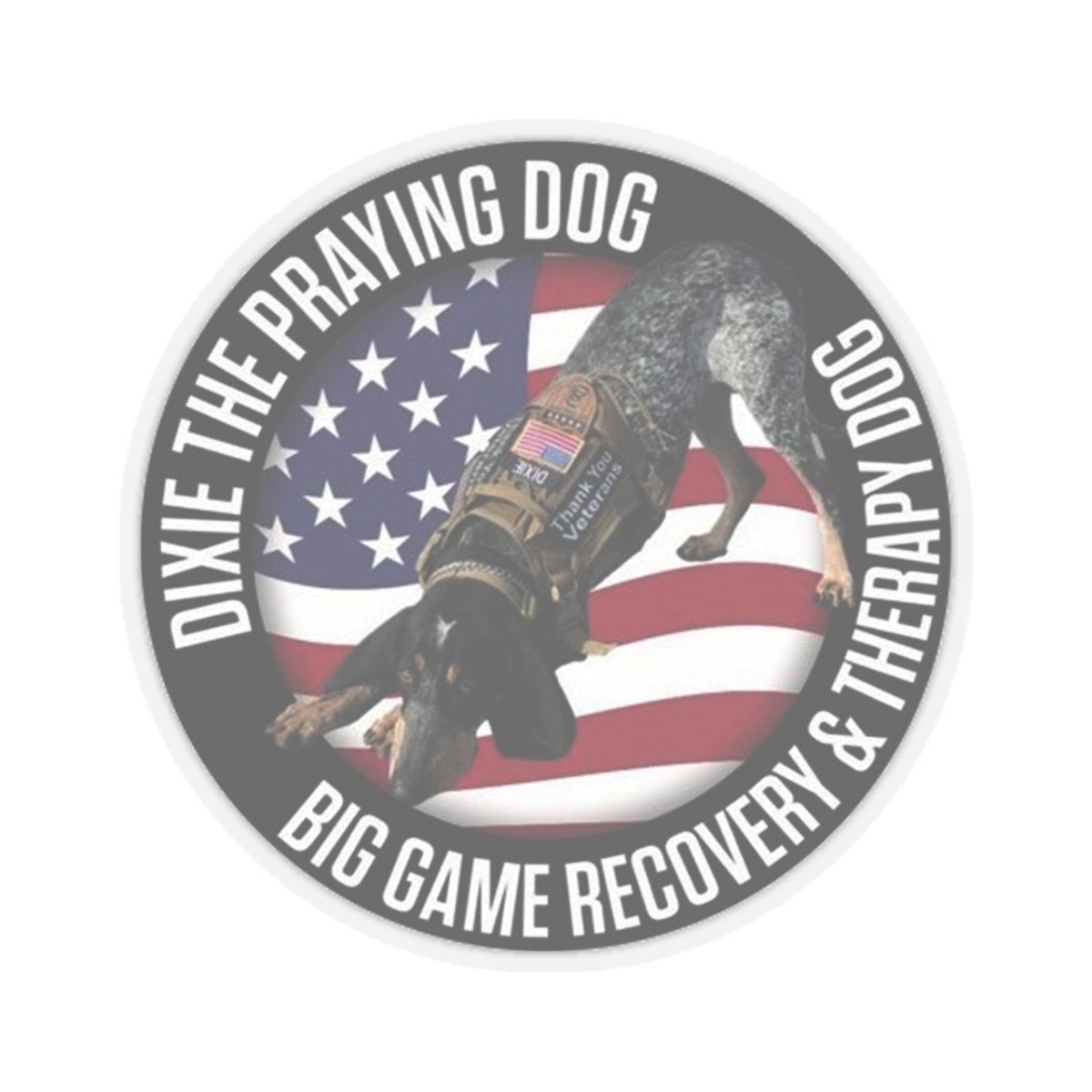 Dixie classic stickers – 2″x2″, 3″x3″ | Dixie The Praying Dog