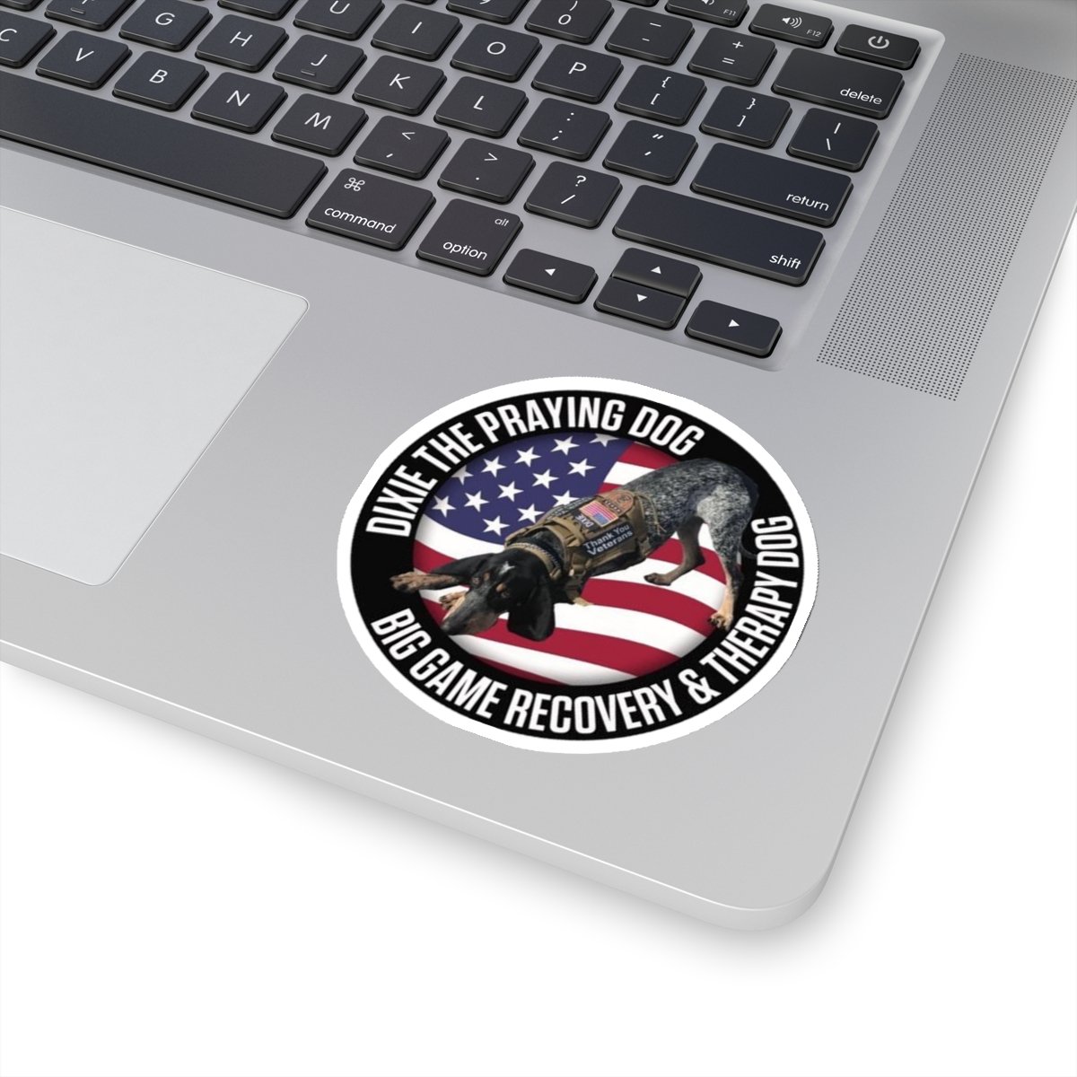 Dixie classic stickers – 2″x2″, 3″x3″ | Dixie The Praying Dog